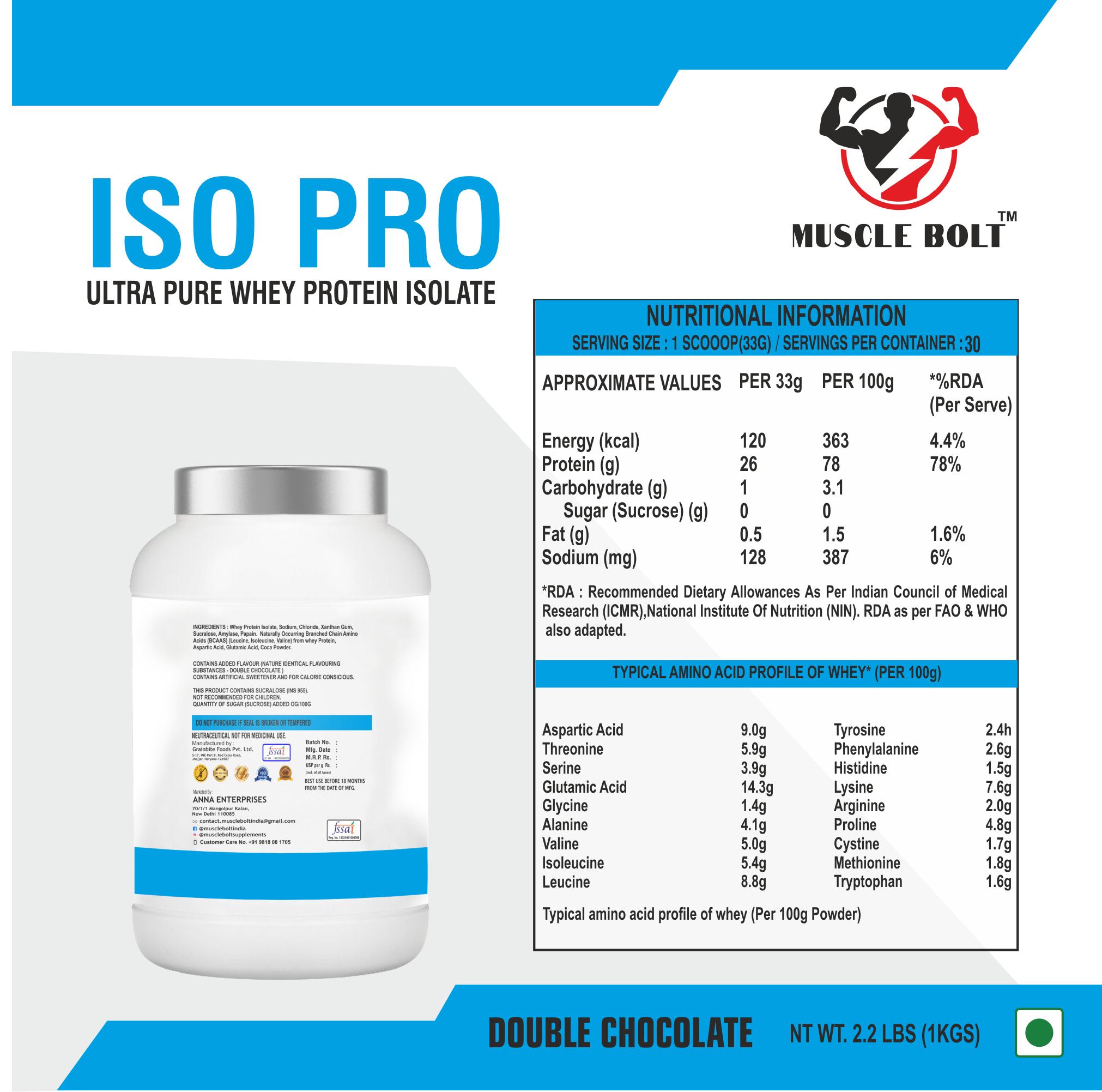 MUSCLEBOLT ISO Whey With 26G Protien, 6.3G BCAA | 13.2G EAA (30 ...