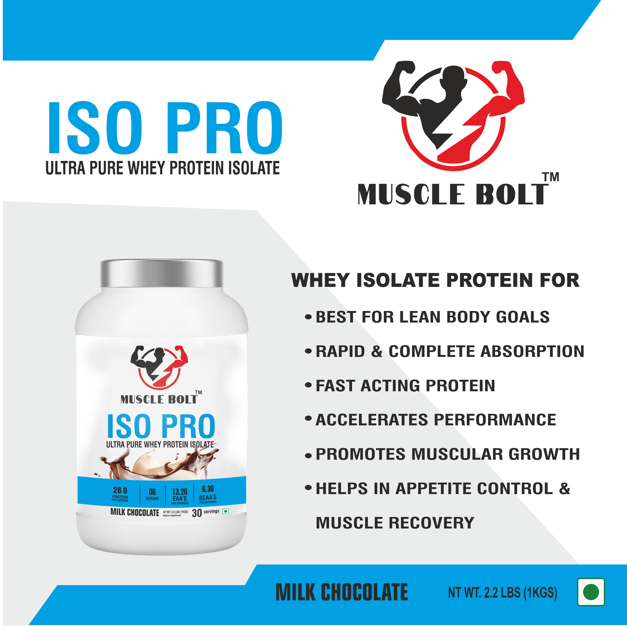 MUSCLEBOLT ISO Whey With 26G Protien, 6.3G BCAA | 13.2G EAA (30 ...