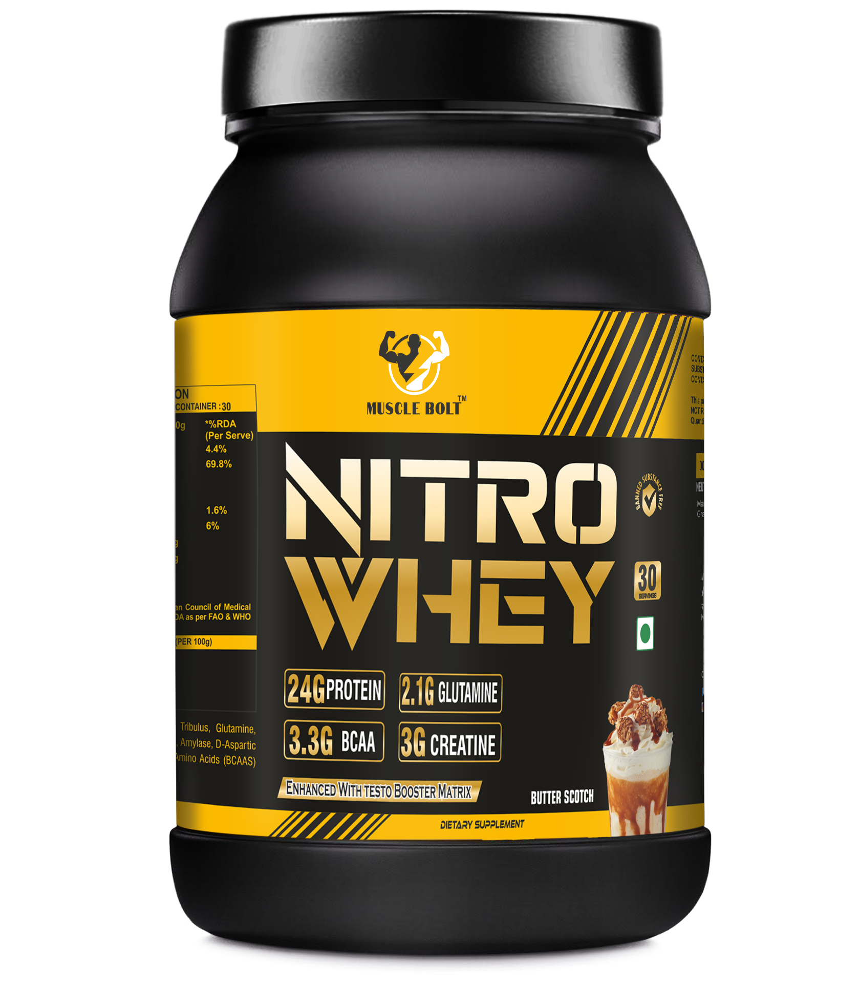 MUSCLEBOLT Nitro Whey 1 Kg / 2.2 lbs with 24g Protein, 3G creatine ...
