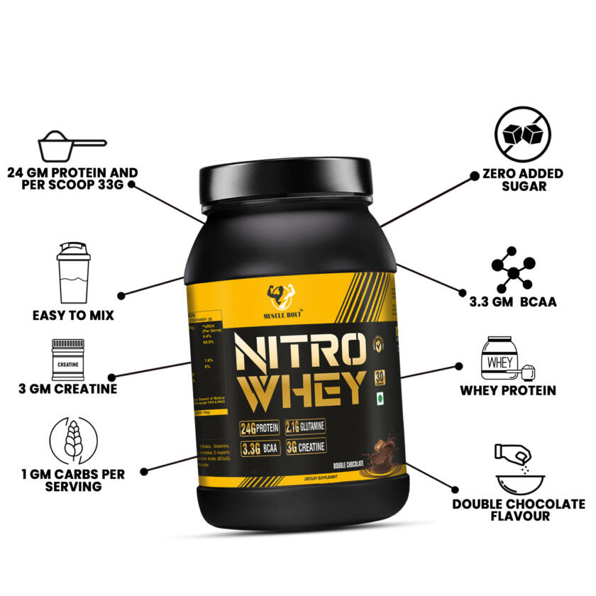 MUSCLEBOLT Nitro Whey 1 Kg / 2.2 lbs with 24g Protein, 3G creatine ...